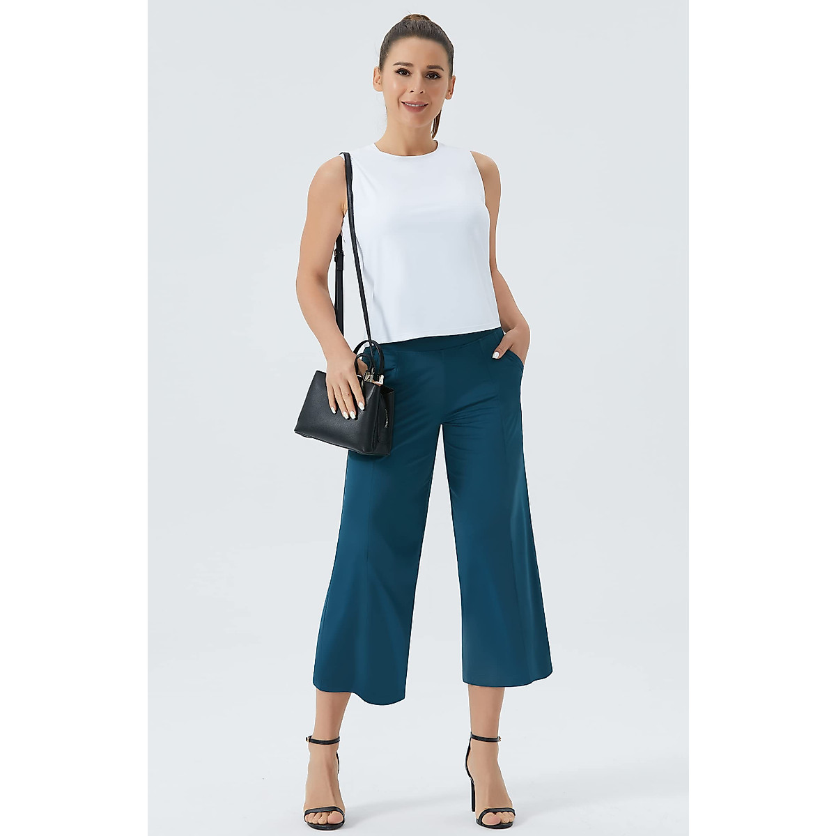 THE GYM PEOPLE Bootleg Yoga Capris Pants for Women Tummy Control High Waist Workout Flare Crop Pants with Pockets Dark Blue Green