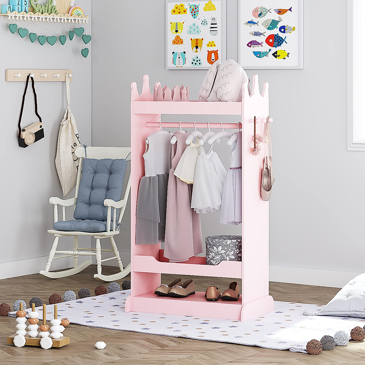 UTEX Kids Dress up Storage with Mirror,Costume Closet for Kids, Open Hanging Armoire Closet,Pretend Storage Closet for kids,Costume Storage Dresser (Pink)