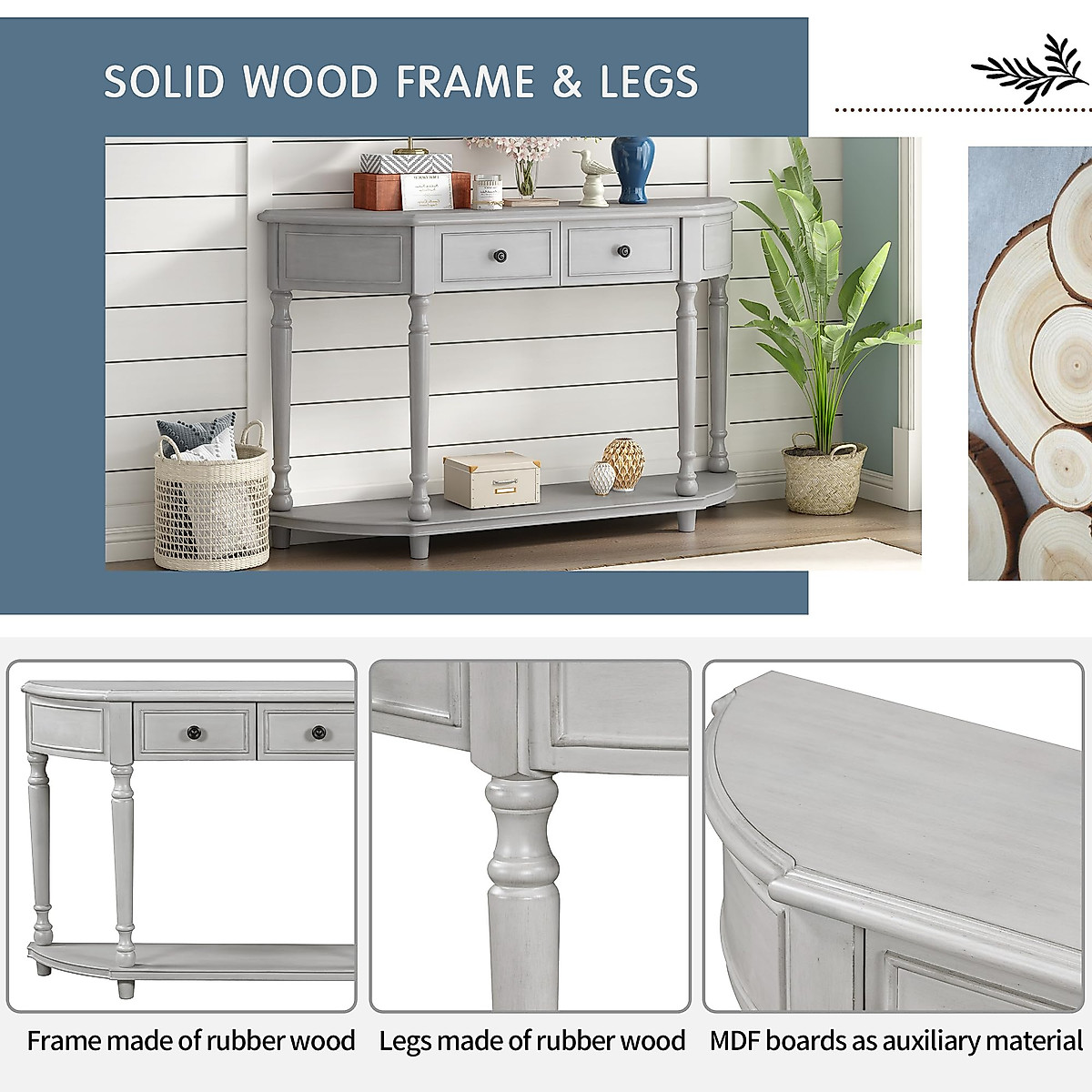 Beardslee Retro Console Table,52" Circular Curved Design Sofa Table with Open Style Shelf & Two Top Drawers,Solid Wooden Frame and Legs,Entryway Table for Hallway, Living Room (Gray Wash)