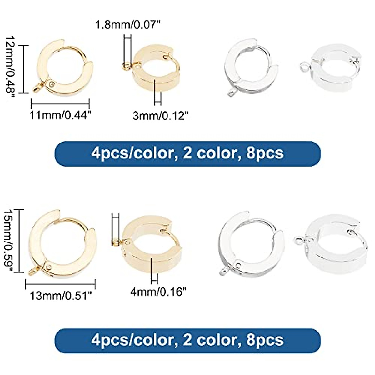 arricraft 16 Pcs 2 Colors Huggie Hoop Earrings Findings, Stainless Steel Leverback Earwires Findings with Open Loop Rings Earrings Components for DIY Earrings Jewelry Making