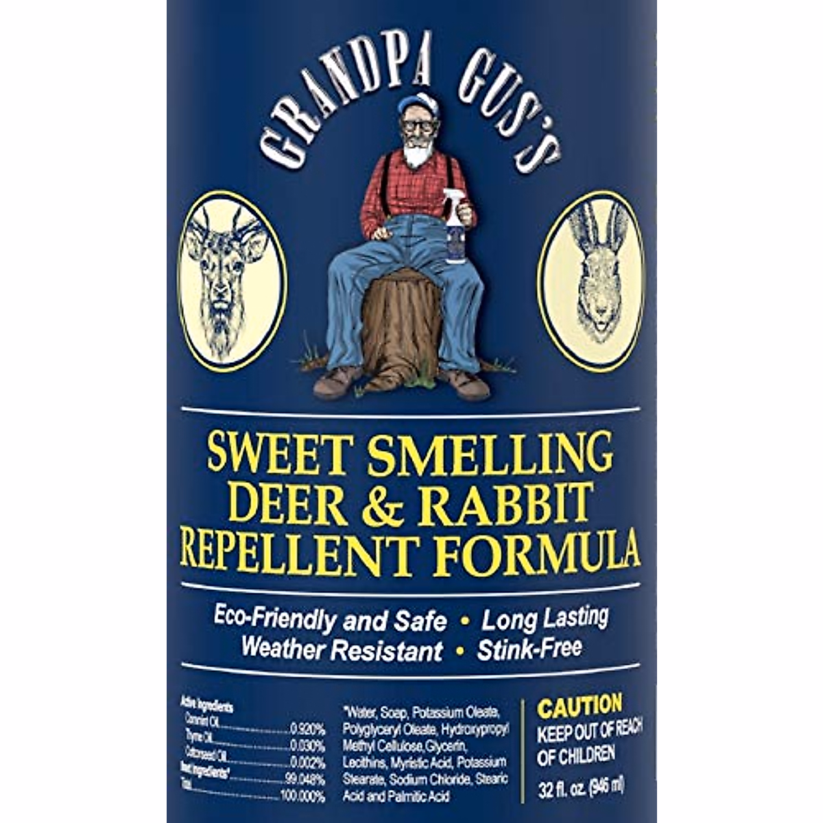 Grandpa Gus's Deer & Rabbit Repellent Ready-to-Use Spray, Protects Garden & Yard, Sweet Smelling Formula with Natural Essential Oils, Weather-Resistant Stink-Free Long-Lasting Scent (32oz)