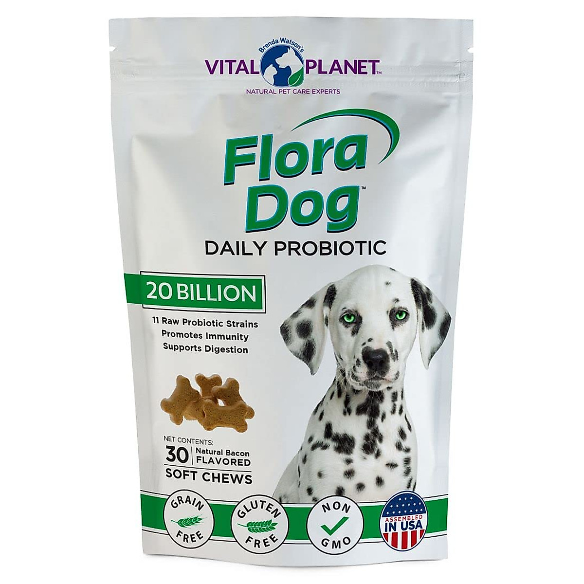 Vital Planet - Flora Dog Probiotics, Dog Chews Supplement with 20 Billion Cultures and 11 Strains, Immune and Digestive Support Chewable Probiotics for Dogs, 30 Natural Bacon Flavored Soft Chews