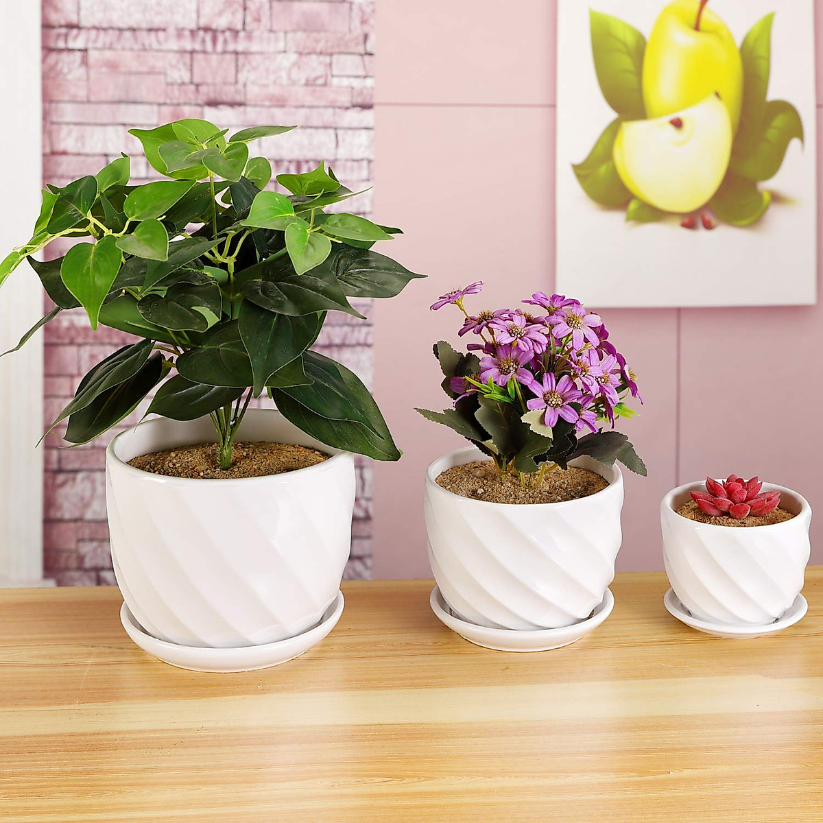 YINGERHUAN Set of 3 Ceramic Plant Pot - Flower Plant Pots Indoor with Saucers,Small to Medium Sized Round Modern Ceramic Garden Flower Pots (White)