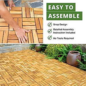 BEEFURNI Teak Interlocking Deck Tiles (10PCS 12"x 12"), Hardwood Outdoor All Weather, Wood Tile for Balcony, Backyard, Hot Tub Decor, 1-Year Warranty