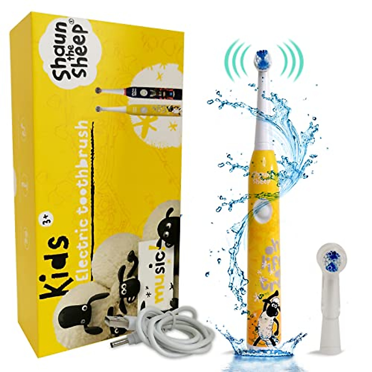 SAIPOTOYS Kids Electric Toothbrush with Timer,Shaun The Sheep Kids Electric Toothbrush w/Sensitive Brush Head,Built in 2-min Auto-Timer,IPX7 Waterproof, Automatic Toothbrush for Kids 3+ (Yellow)