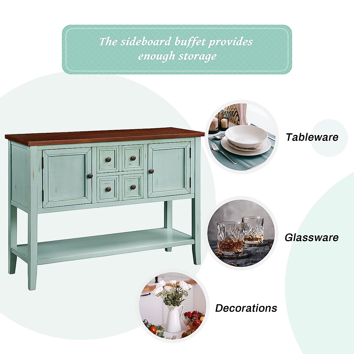 ZSQ Buffet Table, Cambridge Series Sideboard Table with Bottom Shelf, Console Table Dining Room Server, Entry Table Buffet Cabinet Sofa Table (Antique Blue)