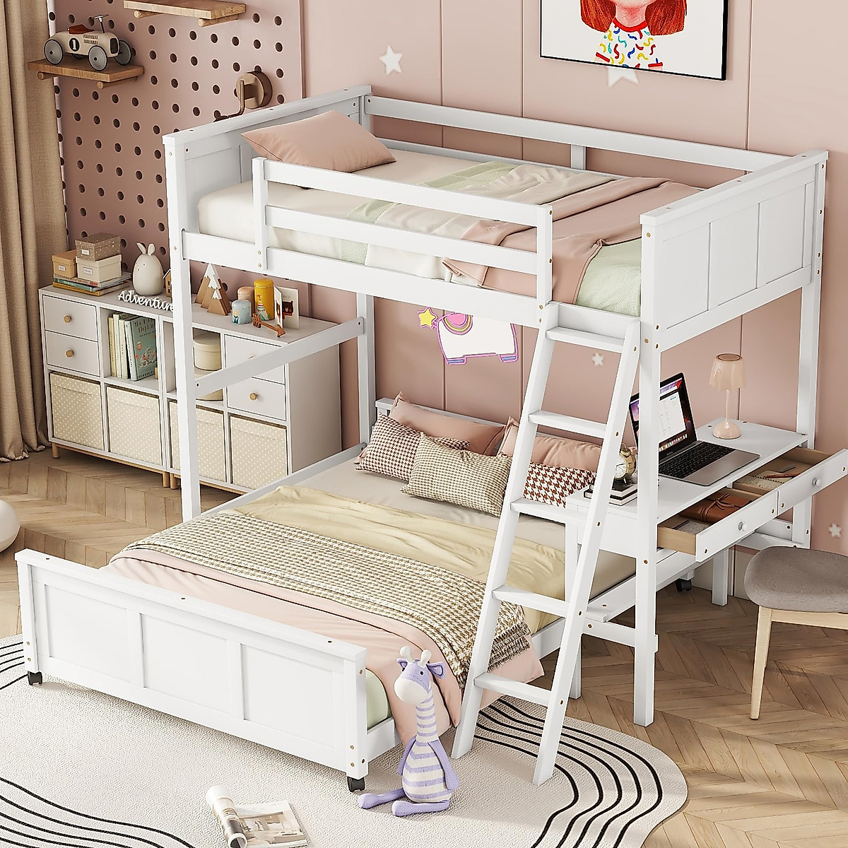 Harper & Bright Designs Twin Over Full Bunk Beds with Desk and Drawers, Wood Twin Size Loft Bed with Removable Full Platform Bed Frame, Bunk Bed with Ladder for Kids Girls Boys, White