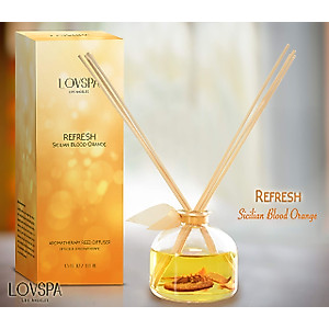 LOVSPA Refresh Sicilian Blood Orange Citrus Essential Oil Reed Diffuser Set with Real Orange Pieces! Aromatherapy Fragrance Room Air Freshener