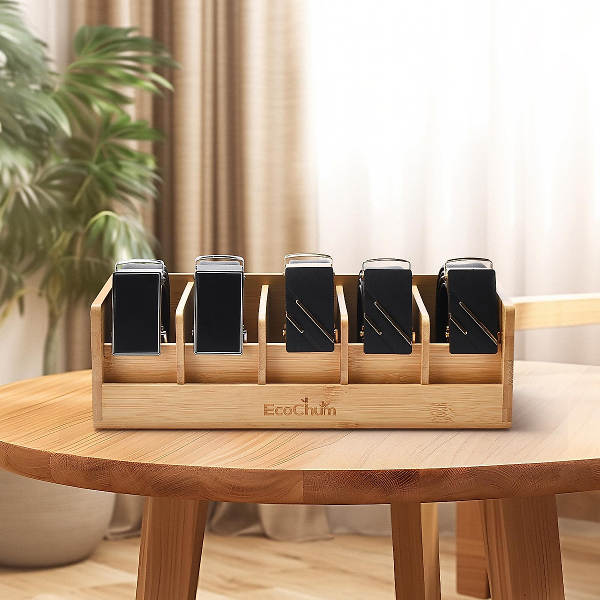 EcoChum Bamboo Belt Organizer Box - Storage Grid to Display 5 Belts - Belt Organizer for Closet and Drawer Organizers, Mount Rack for Wall - Belt Holder for Men and Women (Natural Bamboo)