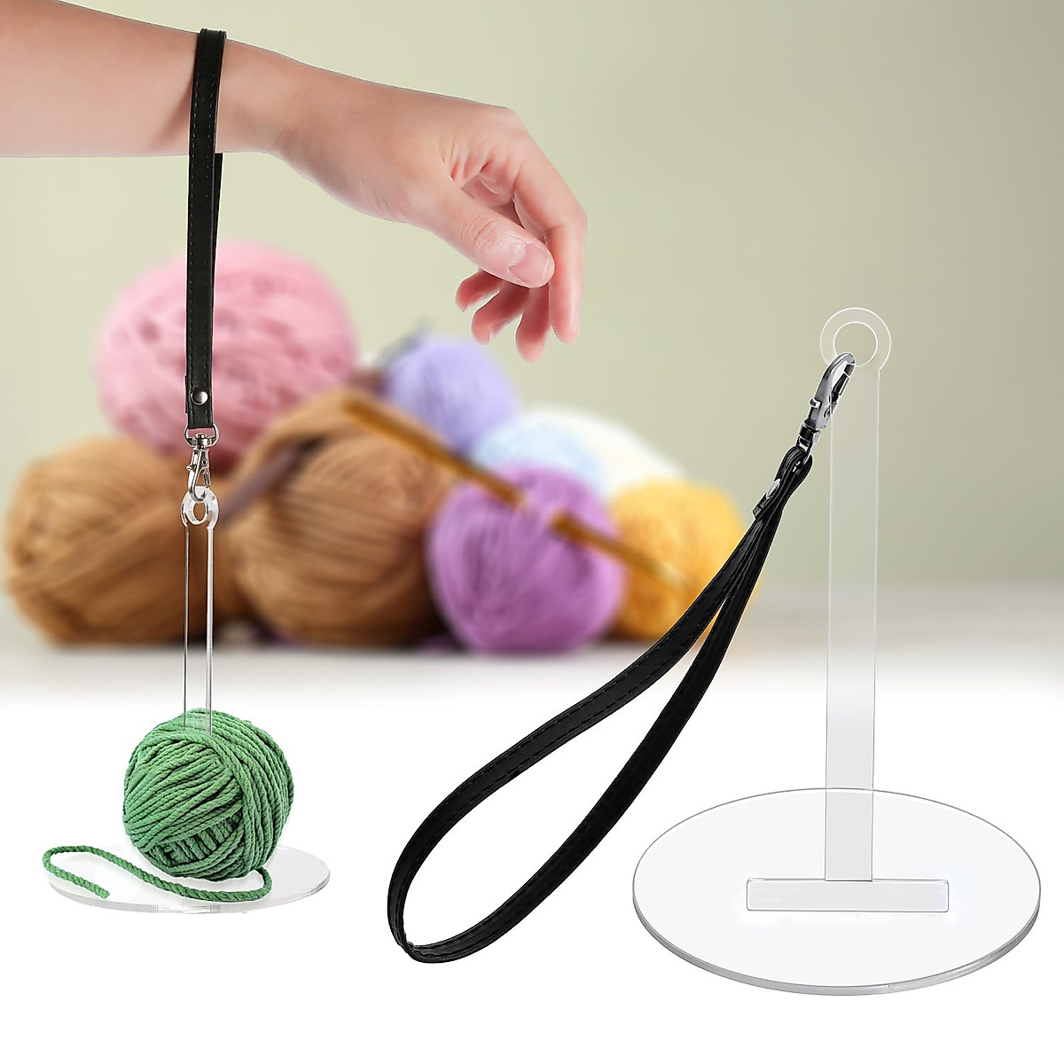 Portable Wrist Yarn Holder, Yarn Holder with Leather Wrist Strap Clear Acrylic Yarn Ball Minder Stand Yarn Organizer Storage Knitting Crocheting Supplies Gift for Craft Lovers