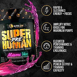 ALPHA LION Superhuman Pre Workout Powder, Beta Alanine, L-Taurine & Tri-Source Caffeine for Sustained Energy & Focus, Nitric Oxide & Citrulline for Pump (21 Servings, Miami Vice)