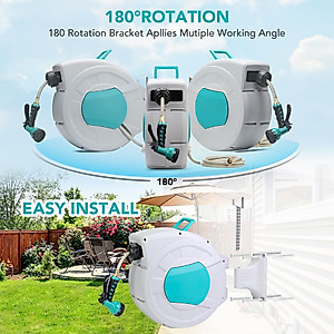 IDEALHOUSE Retractable Garden Hose Reel, 1/2 in x 100 ft Wall-mounted Hose Reel, with 9- Function Sprayer Nozzle, Any Length Lock/180° Swivel Bracket/Automatic Rewind/Slow Return System/Easy Watering