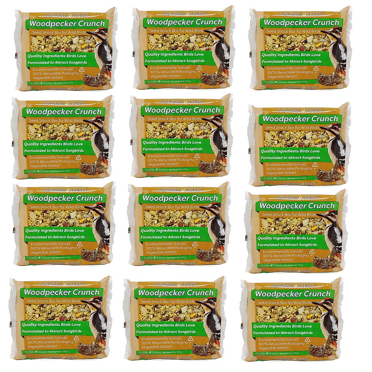 Songbird Treats Seed Bars | 12 Pack of 8 oz Bird Seed Cakes for Wild Birds (Woodpecker Crunch)