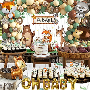 Woodland Animals Baby Shower Decoration Pack Forest Animal Neutral Gender Reveal Party Supplies Woodland Themed Birthday Party Ideas Set 106 Pcs Backdrop, Tablecloth, Cake Toppers, Balloons (Woodland