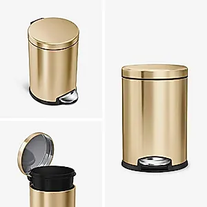 simplehuman 4.5 Liter / 1.2 Gallon Round Bathroom Step Trash Can, Brass Stainless Steel