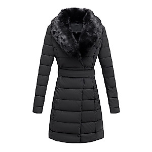 Bellivera Women's Winter Puffer Jacket Cold-resistant patchwork plush lining Coat with Removable Fur Collar Hooded and Belted 5527 BLACK M