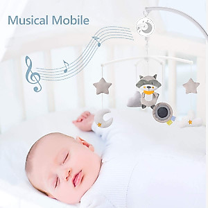 Baby Musical Crib Mobile Toys with Rotation, Raccon Clouds and Stars Sooth Pendant Toy,Wind-up Music Box Design,Nursery Decoration Gift for Newborn Boys and Girls