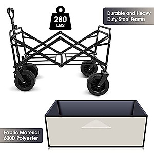 COOZMENT All Terrain Utility Wagon,Folding Wagon Heavy Duty,Collapsible Folding Wagon Cart with Big Wheels,Beach Wagon Cart with 280lbs Weight Capacity,Lounge Wagon for Camping Sports Outdoor(Beige)