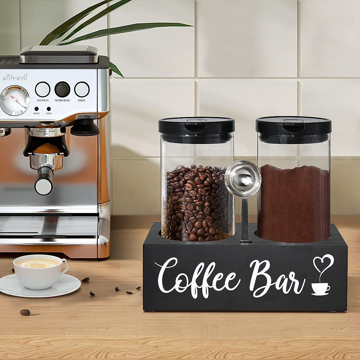 Glass Coffee Containers with Shelf,Coffee Station Organizer,Coffee Canister with Scoop,2x48oz Coffee Bean Storage with Airtight Locking Clamp,Coffee Container for Ground Coffee(Black)