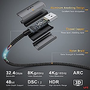 uni 8K USB C to DisplayPort Cable 6FT, 8K@60Hz 4K@240Hz Thunderbolt 4/3 to DP 1.4 Cable Non-bidirectional Support 32.4 Gbps, FreeSync, G-Sync Compatible with iPhone 15 Pro, MacBook Pro/Air, iPad, iMac
