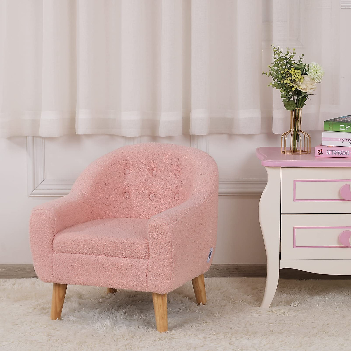 Small Toddler Sofa Chair/Kids Sofa Chair/Velvet Upholstered Kids Sofa Couch/Big Kids Couch with Wooden Legs for Children Gift (Pink)