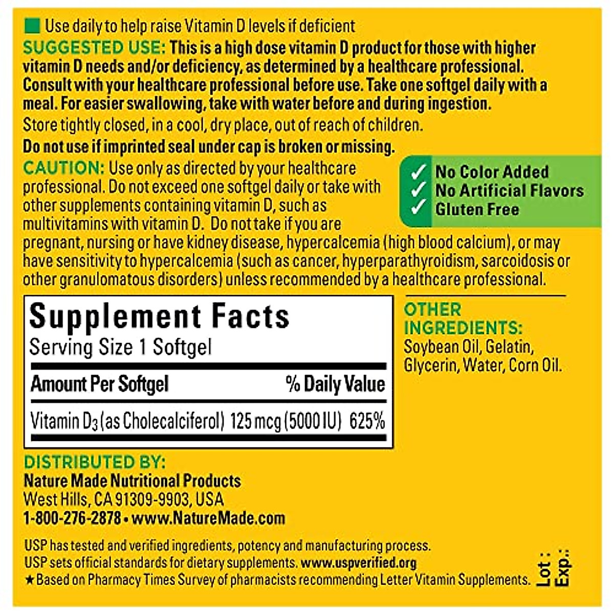 Nature Made Extra Strength Vitamin D3 5000 IU (125 mcg), Dietary Supplement for Bone, Teeth, Muscle and Immune Health Support, 180 Softgels, 180 Day Supply