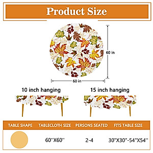 Tailus Fall Maple Leaves Round Tablecloth 60 x 60 Inch, Autumn Gold Leaf Decorative Table Cloth Rustic Dining Table Cover, Farmhouse Thanksgiving Dinner Party Picnic Decoration