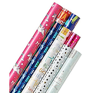 American Greetings Reversible Birthday and All Occasion Wrapping Paper for Kids, Unicorns and Dinosaurs (9 Rolls, 120 sq. ft.)