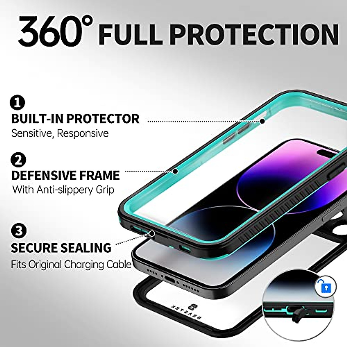 BEASTEK iPhone 14 Pro Max Waterproof Case, Underwater Shockproof Dustproof Case, FSN Series with Built-in Screen Protector with Protective Clear Back Cover, for Apple iPhone 14 Pro Max (6.7'') (Teal)