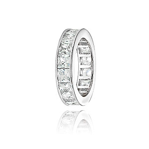 Hoops & Loops 925 Sterling Silver 4mm Princess-Cut Cubic Zirconia Channel Set Eternity Band Ring for Women Teen Girls, Size 8