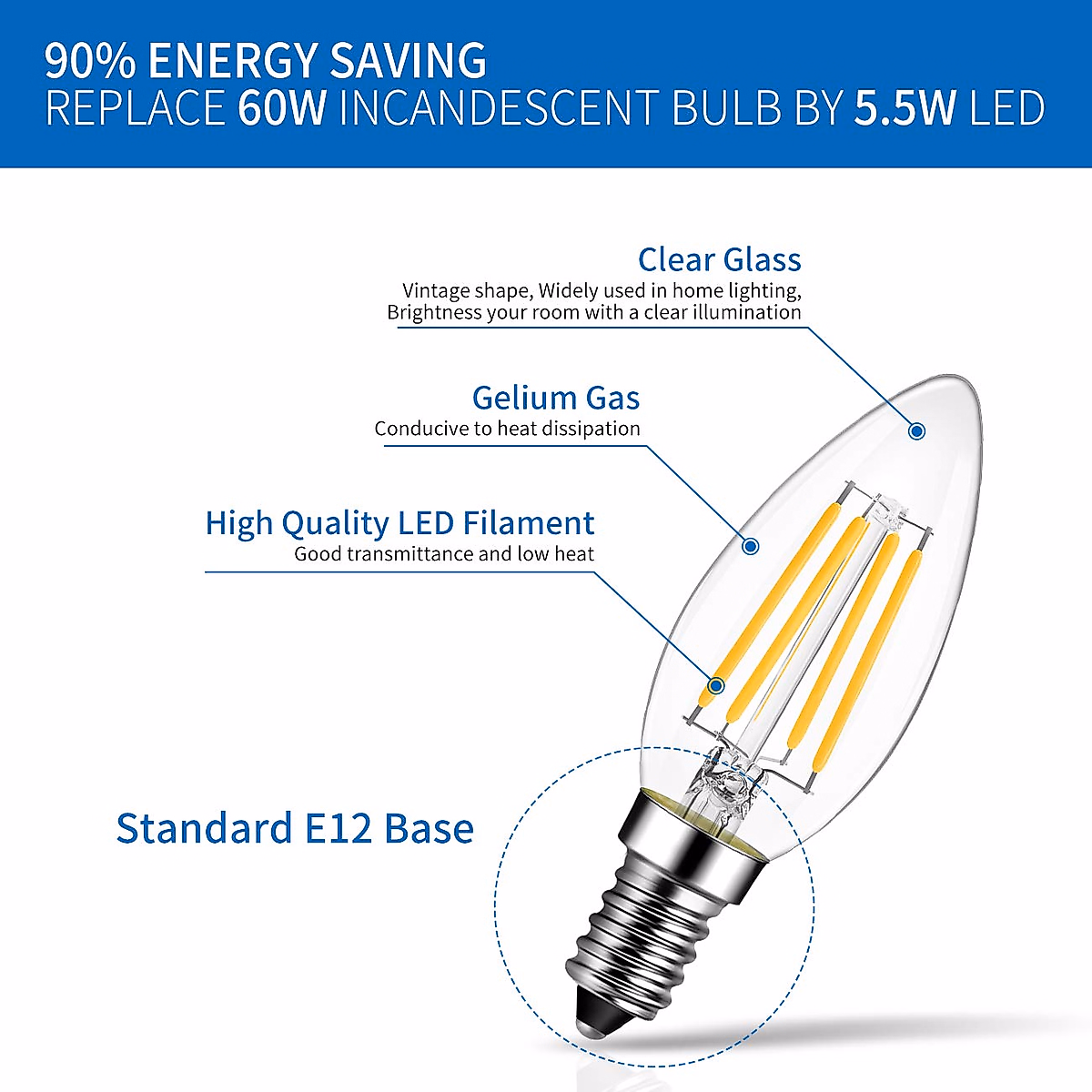ANWIO B11 LED Filament Bulb E12 Candelabra Medium Base 2700K Warm White, 5.5W(60W Equivalent) 500 Lumens Non-Dimmable Decorative Candle Light Bulb, Pack of 6