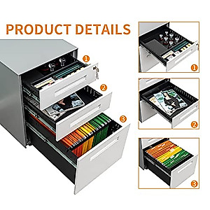 3-Drawer Mobile File Cabinet with Lock, Office Storage Filing Cabinet for Legal/Letter Size, Pre-Assembled Metal File Cabinet Except Wheels Under Desk (White+Gray)