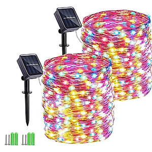 iShabao Multicolor Christmas Lights Outdoor, 2 Packs 49Ft 150 LED Solar Christmas Lights, 8 Modes Waterproof Outdoor Fairy Lights for Tree, Garden, Yard, Party, Holiday Christmas Decorations