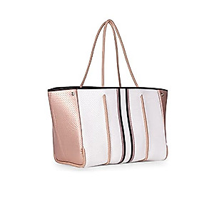 Haute Shore - Greyson Diva Neoprene Tote Bag w/Zipper Wristlet Inside, White W/Black, Rosegold & White Stripe