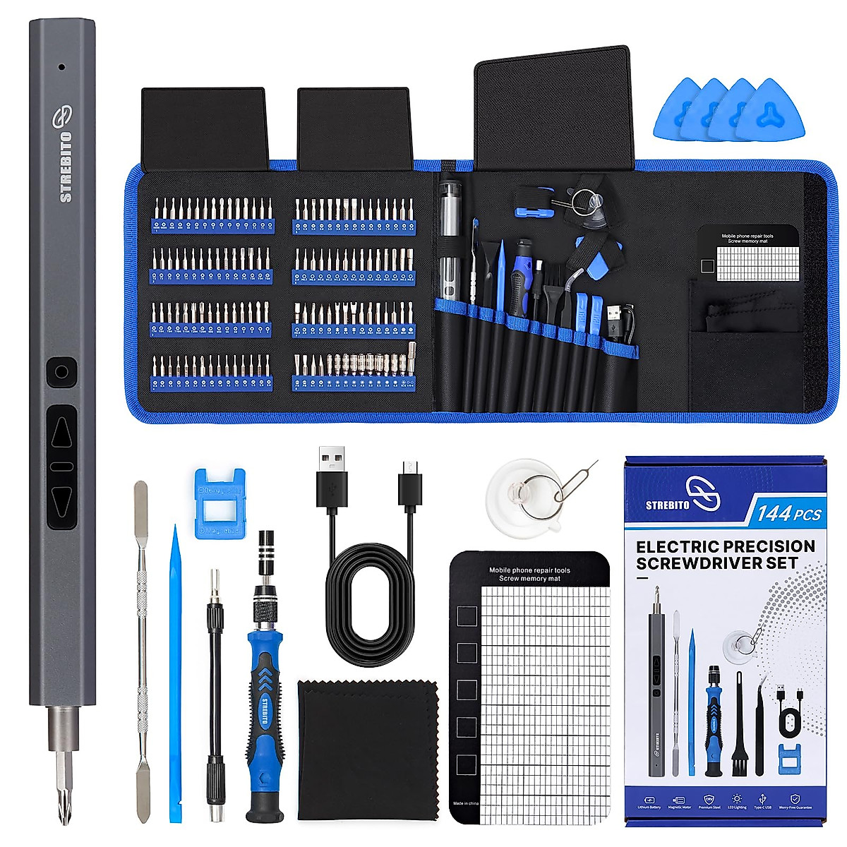 STREBITO Mini Electric Screwdriver, 144-Piece Electric Precision Screwdriver Set Small Power Screwdriver Cordless Rechargeable, Electronic Repair Tool Kit for PC, Computer, Laptop, Phone, RC Drone