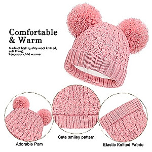 Enwokran Kids Winter Knit Beanie Hat Scarf and Touchscreen Gloves Set,Fleece Lining Beanie Hat with Cute Pom Knit Gloves Neck Warmer for Girls Boys 2-8 Years Old (Deep Pink2)