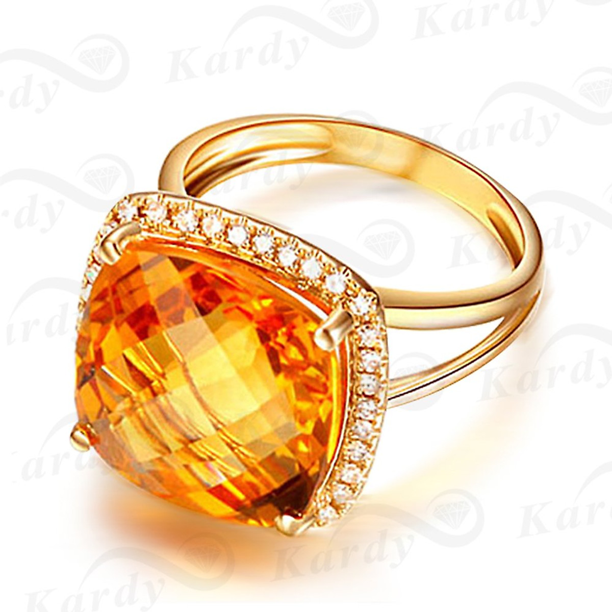 Fashion Women Yellow Citrine Gemstone Diamond Solid 14K Yellow Gold Natural Ring Settings Band Jewelry