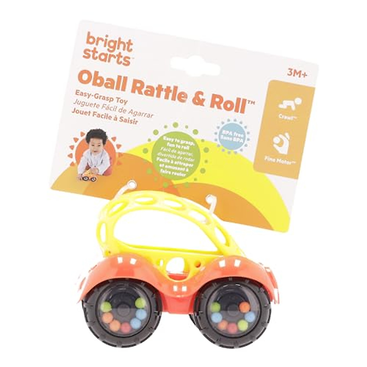 Bright Starts Oball Easy Grasp Rattle & Roll Buggie BPA-Free Push Car Infant Crawling Toy, 1 Pack, Age 3 Months and up, Red/Yellow