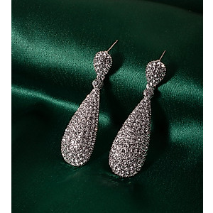 Moonstruck Costume Jewelry Diamond Studded Metal Drop and Dangle Crystal Teardrop Earrings for Women Wedding Party(Silver)