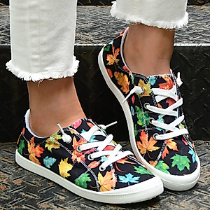 Casual Loafers Women Shoes Plaid Canvas, Halloween Themed Fashion Sneakers Maple Leaf Pattern, Lace Up Flatform Slip-On Autumn Comfortable Walking Low Top Padel Shoes