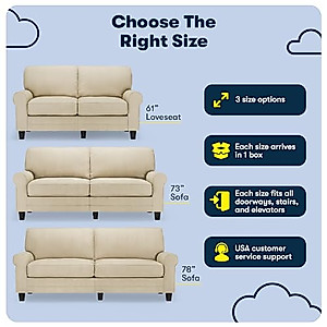 Serta Copenhagen Rolled Arm, Easy Care Polyester, Soft Pillow Back, Pocket Coil Seat Cushions, Removable Covers, Loveseat or Couch for Small Spaces, Living Rooms or Bedrooms, 73" Sofa, Tan