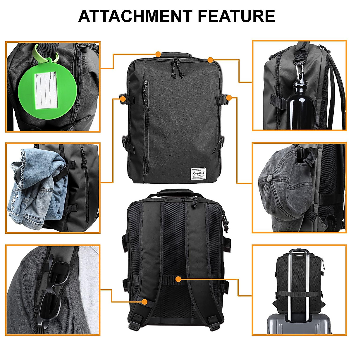 Rangeland New Business Trip Backpack 21L Flight Approved Carry on Daypack 15-inch Laptop Notebook, School Commute Gym Sport, All Black