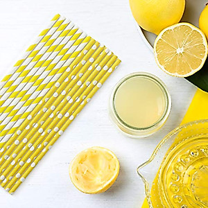 Party On Tap Yellow Straws - 150 Pack Of Lemonade Stand Supplies Or Lemonade Party Decorations - Yellow And White Straws