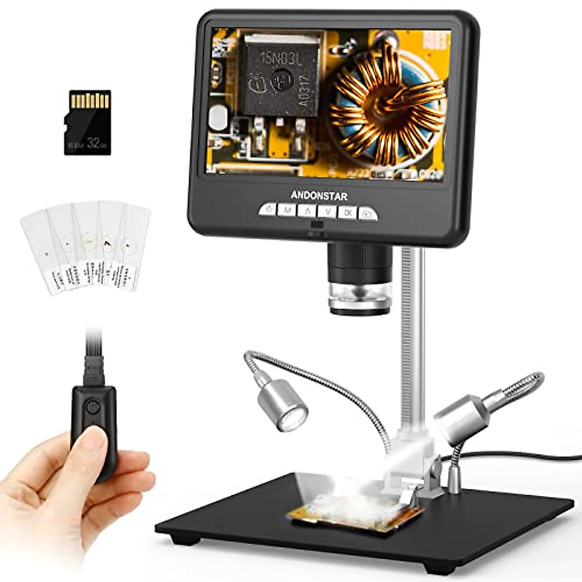 Andonstar AD207S Pro HDMI Digital Microscope, 2160P UHD Video Record, Soldering Microscope, Coin Microscope with 10 inch Stand for Full View, Bottom Light with Prepared Slides, Electronic Microscope