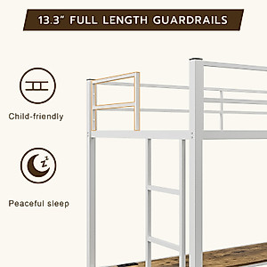 IKIFLY Metal Twin Size Loft Bed with Desk & Charging Station, Heavy Duty Loft Bed Frame with Safety Guard Rail and Ladder, Space-Saving Design, Noise Free, No Box Spring Needed - White