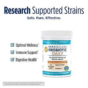 Nordic Naturals Nordic Flora Probiotic Daily - 60 Capsules - 4 Probiotic Strains with 12 Billion Cultures - Optimal Wellness, Immune Support, Digestive Health - Non-GMO, Vegan - 30 Servings