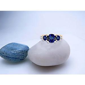 Dazzlingrock Collection 7 MM Centre & 4 MM Side Round Lab Created Blue Sapphire with Natural White Diamond Women Three Stone Engagement Ring | 14K Rose Gold, Size 7