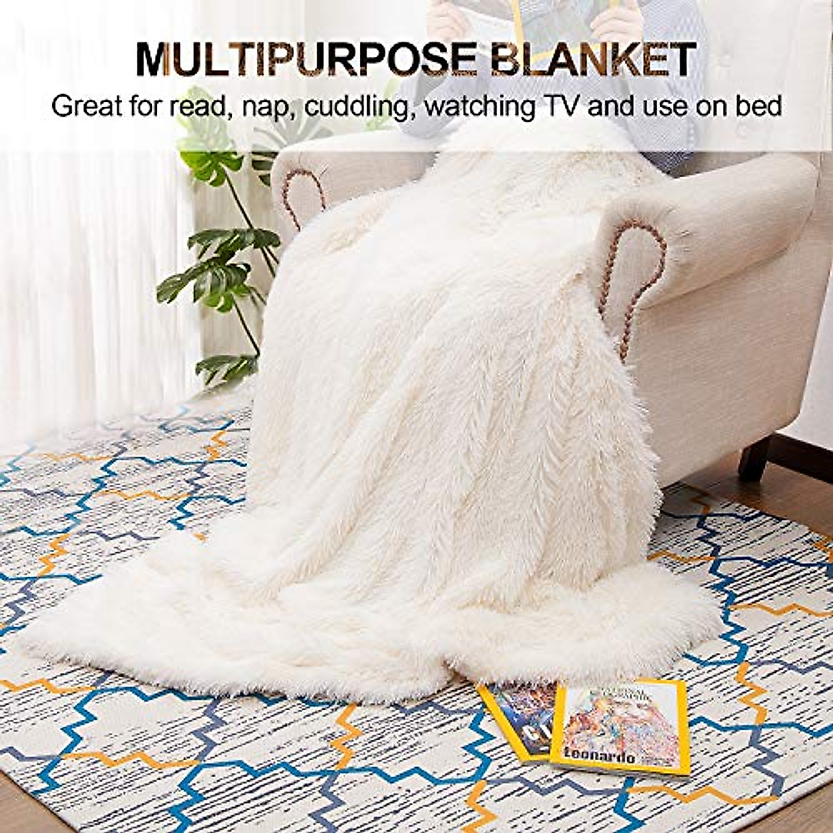 Softlife Super Soft Fluffy Faux Fur Throw Blanket 50" x 60" Reversible Plush Warm Sherpa Blankets for Couch Sofa Bed Throws Home Decorative, Cream