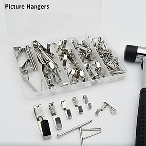 136Pcs Picture Hangers, 5 Sizes Hanging Kits Including 10/20/30/50/100lb Hooks, Sorted With Nails for Drywall Wooden Wall in Handy Storage Case (Silver)