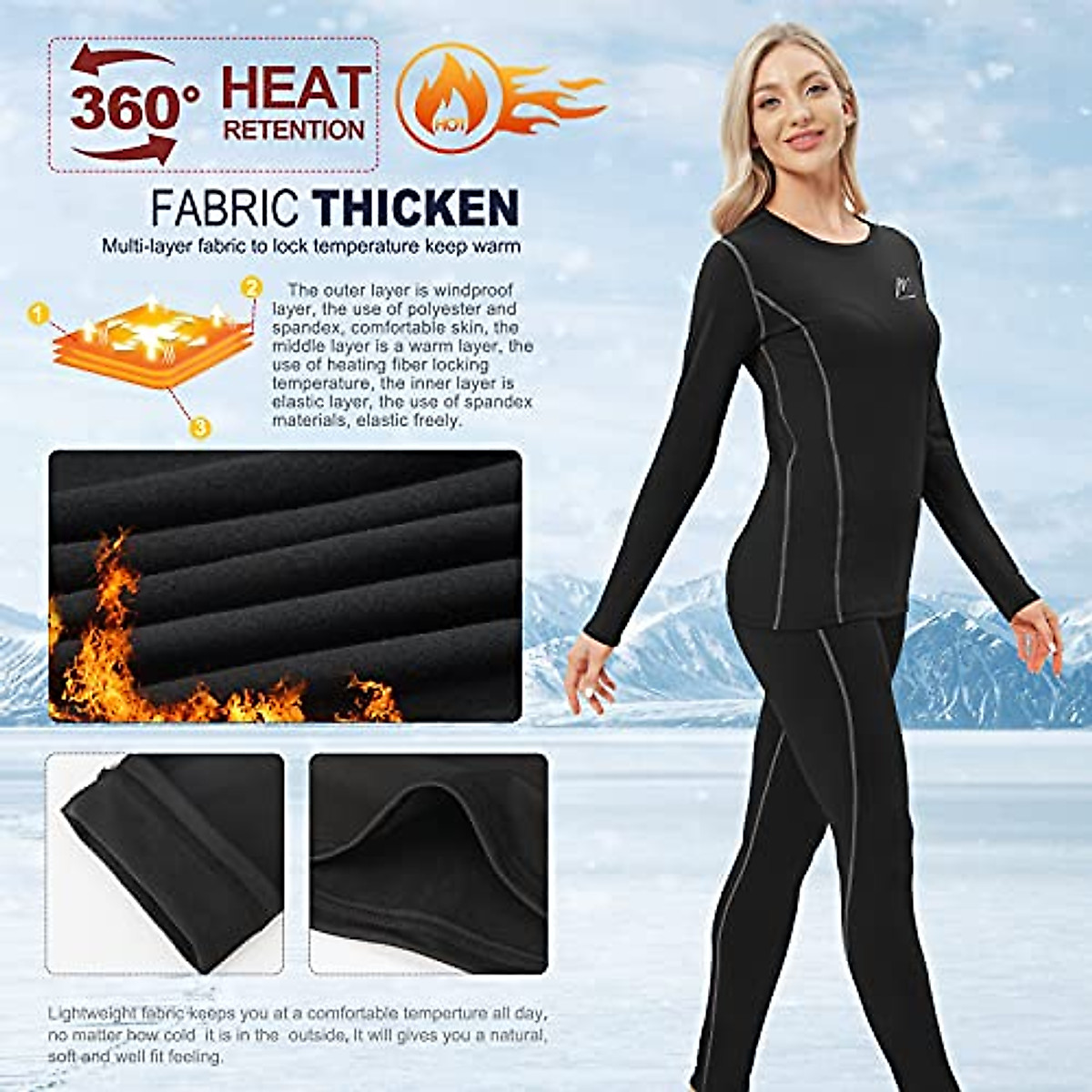 MeetHoo Thermal Underwear for Women, Winter Warm Base Layer Compression Set Fleece Lined Long Johns, Black, Small
